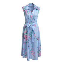 Milano Italy &Auml;rmelloses Hemdblusenkleid mit Streifen und Blumen Damen Gr&ouml;&szlig;e 38 hellblau
