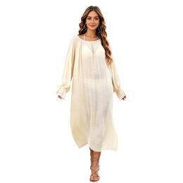 Kojooin Kleid 'Maxikleid mit Rundhalsausschnitt, tiefem V-Ausschnitt und offenem R&uuml;cken, ideal als Bikini-Cover-Up' Damen Gr&ouml;&szlig;e 38/40 beige 