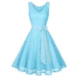 Kojooin Kleid 'Damen-Brautjungfernkleid mit floraler Spitze &ndash; Kurzes Party- & Abschlussballkleid mit V-Ausschnitt'' Damen Gr&ouml;&szlig;e 40 himmelblau 