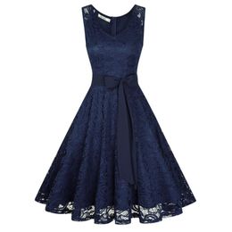 Kojooin Kleid 'Damen-Brautjungfernkleid mit floraler Spitze &ndash; Kurzes Party- & Abschlussballkleid mit V-Ausschnitt'' Damen Gr&ouml;&szlig;e 44 dunkelblau 