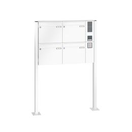 Renz Basic B freistehende Briefkastenanlage 4-fach mit Sprechfeld in RAL 9016 mit Fu&szlig;platten mit 2ten Namensschild & Soft Close