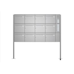 Renz HUBER 12er freistehende Briefkastenanlage mit Sprechfeld in Edelstahl mit 2ten Namensschild & Soft Close (mit Fu&szlig;platten)