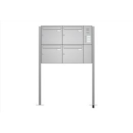 Renz HUBER 4er freistehende Briefkastenanlage mit Sprechfeld in Edelstahl mit 2ten Namensschild & Soft Close (mit Fu&szlig;platten)