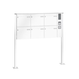 Renz Basic B freistehende Briefkastenanlage 6-fach mit Sprechfeld in RAL 9016 mit Fu&szlig;platten mit 2ten Namensschild & Soft Close
