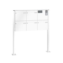Renz Basic B freistehende Briefkastenanlage 5-fach mit Sprechfeld in RAL 9016 mit Fu&szlig;platten mit Soft Close