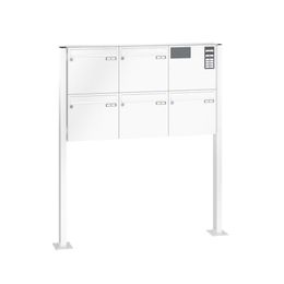 Renz Basic B freistehende Briefkastenanlage 5-fach mit Sprechfeld in RAL 9016 mit Fu&szlig;platten mit 2ten Namensschild & Soft Close