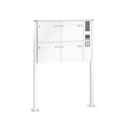 Renz Basic B freistehende Briefkastenanlage 4-fach mit Sprechfeld in RAL 9016 mit Fu&szlig;platten mit 2ten Namensschild & Soft Close