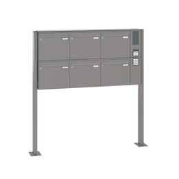 Renz Basic B freistehende Briefkastenanlage 6-fach mit Sprechfeld in RAL 9007 mit Fu&szlig;platten mit Soft Close
