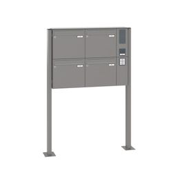 Renz Basic B freistehende Briefkastenanlage 4-fach mit Sprechfeld in RAL 9007 mit Fu&szlig;platten