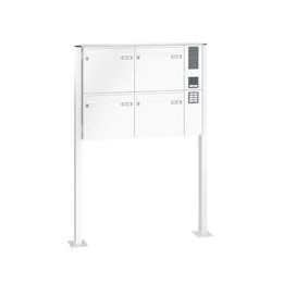 Renz Basic B freistehende Briefkastenanlage 4-fach mit Sprechfeld in RAL 9016 mit Fu&szlig;platten mit Soft Close
