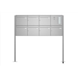 Renz HUBER 7er freistehende Briefkastenanlage mit Sprechfeld in Edelstahl mit 2ten Namensschild & Soft Close (mit Fu&szlig;platten)