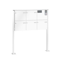 Renz Basic B freistehende Briefkastenanlage 5-fach mit Sprechfeld in RAL 9016 mit Fu&szlig;platten mit Soft Close