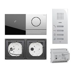GIRA 106 System 2-fach Gegensprechanlagen Set Edelstahl V4A mit Anzeigemodul und Sprachmodul mit 1 RT Edelstahl + Wohnungsstation AP 125003 + Audio-