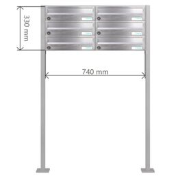 B-017 6er Freistehende Edelstahl V2A Briefkastenanlage mit Fussplatte