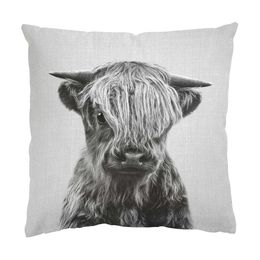 Bilderwelten Dekokissen schwarz weiss Tiere Motiv - Baby Hochlandrind Henri Schwarz Wei&szlig; - Bett Couch Sofakissen Bezug & F&uuml;llung in 40x40 50x50 60x60