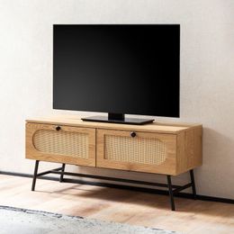 FineBuy TV-Board 100cm MDF Eiche Dekor 2 Schubladen Wiener Geflecht Ratten Fernsehschrank Lowboard