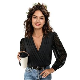 Kojooin Shirtbody 'Damen-Body mit langen &Auml;rmeln, Bluse, tiefem V-Ausschnitt, transparenten &Auml;rmeln,Trikot-Shirt' Damen Gr&ouml;&szlig;e S schwarz