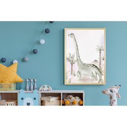 queence Bild mit Rahmen &raquo;Dino und Vulkan&laquo; Baum Baumbilder B&auml;ume Dinosaurier Landschaft Tiere 1 Stk. tlg. HD Premium Posterdruck mit Echtholzrahmen 