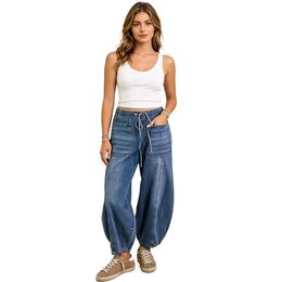 Kojooin Hose 'Damen Stretch-Jeans mit Kordelzug, hohem Bund, lockerem, weitem Bein und Baggy-Jeans' Damen Gr&ouml;&szlig;e 40 dunkelblau