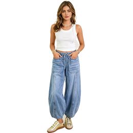 KoJooin Pants 'Damen Stretch-Jeans mit Kordelzug, hohem Bund, lockerem, weitem Bein und Baggy-Jeans' female size 42 Light blue