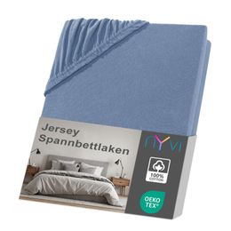 NYVI Jersey Spannbettlaken DreamScience f&uuml;r Matratzen bis 22 cm H&ouml;he - Weich & Anschmiegsam, Rundumgummizug, B&uuml;gelfrei Farbe:rauchblau;Gr&ouml;&szlig;e:180x200 - 200x200 cm