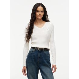 Tommy Hilfiger Damen Strickpullover "CO CABLE FINE GG V-NK LS SWT", wei&szlig;, Gr. S, unifarben, Strick, Obermaterial: 100% Baumwolle, Pullover,
