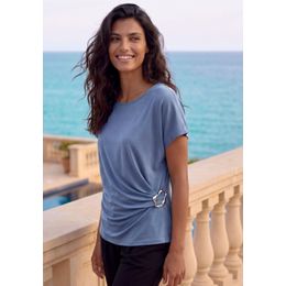 Lascana Damen Kurzarmshirt "mit elegantem Accessoires", blau, Gr. 48, unifarben, Feinstrick, Obermaterial: 60% Viskose (LENZING ECOVERO ), 38%