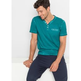 bonprix Herren Henleyshirt, gr&uuml;n, Gr. 68, meliert, unifarben, washed, Jersey, Obermaterial: 100% Baumwolle, Shirts, Regular fit, Kurzarm, aus