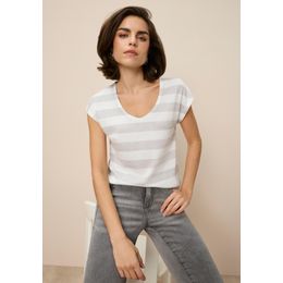 Tamaris Damen V-Shirt, wei&szlig;, Gr. 40, gestreift, Single Jersey, Obermaterial: 50% Polyester, 45% Viskose, 5% Elasthan, Shirts, mit l&auml;ssigem Schnitt