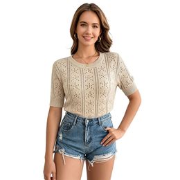 Kojooin Sticktop 'Damen leichter Rundhals-Pullover aus durchbrochener Strickware, Kurzarm-Basichemd f&uuml;r l&auml;ssige' Damen Gr&ouml;&szlig;e XL khaki