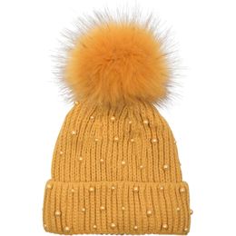 styleBREAKER Beanie 'Strick Bommelm&uuml;tze mit Perlen und Fleece Futter' female size 56/61 Curry