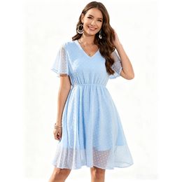Kojooin Kleid 'Damen Schwungvolle Mini-Kleid mit Schweizer Punkten Puff&auml;rmeln luftig locker f&uuml;r Sommer Freizeit' Damen Gr&ouml;&szlig;e 42 himmelblau
