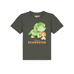 Watabout.kids T-Shirt 'Dinosaurier 07 Kleine Schwester' Jungen Gr&ouml;&szlig;e 152/158 khaki / hellgr&uuml;n / orange