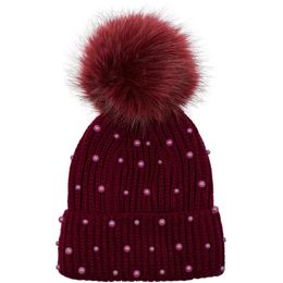 styleBREAKER M&uuml;tze 'Strick Bommelm&uuml;tze mit Perlen und Fleece Futter' Damen Gr&ouml;&szlig;e 56/61 bordeaux