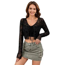 Kojooin Strickjacke 'Damen-Crop-Cardigan mit langen &Auml;rmeln,floraler Spitze,transparentem Mesh-Einsatz und Bindeband vorne' Damen Gr&ouml;&szlig;e M schwarz