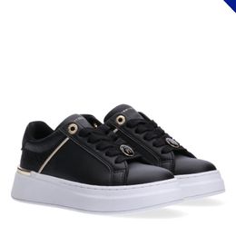 Tommy Hilfiger Jungen Sneaker, Gr. 37, schwarz, Lederimitat, Schuhe, Freizeitschuh, Halbschuh, Schn&uuml;rer mit goldfarbenen Details