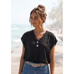 Lascana Damen Schlupfbluse, schwarz, Gr. 38, unifarben, Web, Obermaterial: 100% Viskose, Blusen, mit modischen Kn&ouml;pfen, luftige Kurzarmbluse,