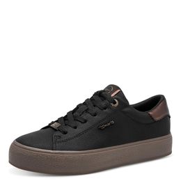 Tamaris Damen Plateausneaker, Gr. 38, schwarz, Nubuklederimitat, aufgeraut, clean, kontrastfarbene Details, unifarben mit Farbeinsatz, Schuhe,