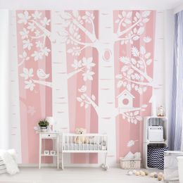 Fototapete B&auml;ume im Wald Rosa - Vliestapete nach Ma&szlig; Illustration Kinder Wald B&auml;ume Kinderzimmer M&auml;dchen M&auml;dchenzimmer Baby Babyzimmer Rosa