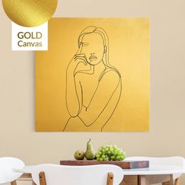 Leinwandbild Gold Line Art Nachdenkliche Frau Schwarz Wei&szlig; - Wandbilder XXL Print Illustration Kunstdruck Line Art Portrait Schwarz-Wei&szlig; Wohnzimmer