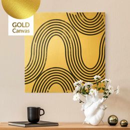 Leinwandbild Gold Geometrische Wellen Schwarz Wei&szlig; I - Wandbilder XXL Print Kunstdruck Wohnzimmer Schlafzimmer Bad Badezimmer K&uuml;che Flur Esszimmer