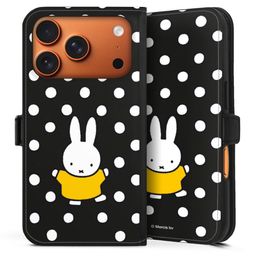 DeinDesign iPhone 17 Pro Handy Klapph&uuml;lle Handyh&uuml;lle aus Kunst Leder schwarz Flip Case Polka Dots Miffy Rabbit Sideflip mit Lasche