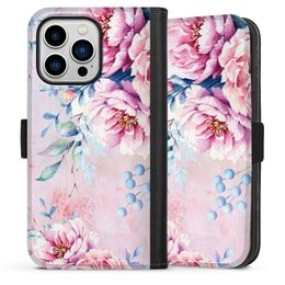 DeinDesign iPhone 13 Pro Handy Klapph&uuml;lle Handyh&uuml;lle aus Kunst Leder schwarz Flip Case Summer Water Colour Flower Sideflip mit Lasche