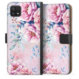 DeinDesign Galaxy A22 5G Handy Klapph&uuml;lle Handyh&uuml;lle aus Kunst Leder schwarz Flip Case Summer Water Colour Flower Sideflip mit langer Lasche