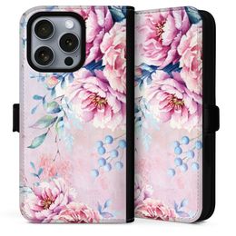 DeinDesign iPhone 16 Pro Max Handy Klapph&uuml;lle Handyh&uuml;lle aus Kunst Leder schwarz Flip Case Summer Water Colour Flower Sideflip mit Lasche
