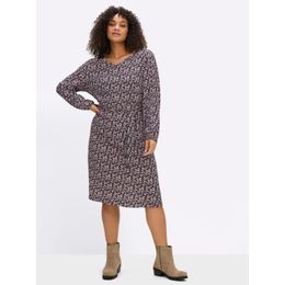 sheego Gro&szlig;e Gr&ouml;&szlig;en Webkleid mit Minimalprint und Bindeg&uuml;rtel, tiefblau-orchidee-bedruckt, Gr&ouml;&szlig;e 54 - Damen