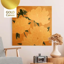 Leinwandbild Gold Moderne Pfingstrosen I - Wandbilder XXL Print Blumen Floral Kunstdruck Wohnzimmer Schlafzimmer Bad Badezimmer K&uuml;che Flur Esszimmer