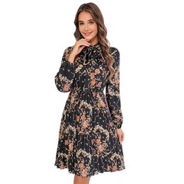 KoJooin Dress 'Damenkleid mit Stehkragen, knielang, lang&auml;rmelig, A-Linien-Schnitt und Blumenmuster' female size 38 Black
