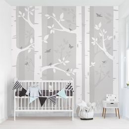 Fototapete Birkenwald mit Schmetterlingen und V&ouml;gel - Vliestapete nach Ma&szlig; Illustration Kinder Wald B&auml;ume Natur Kinderzimmer Jugendzimmer Jungen