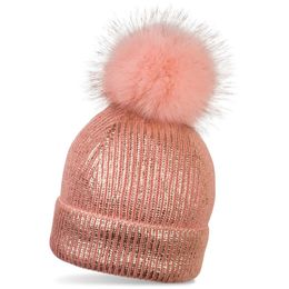 styleBREAKER M&uuml;tze 'Metallic Winter Strick Bommelm&uuml;tze' Damen Gr&ouml;&szlig;e 56/61 rosa